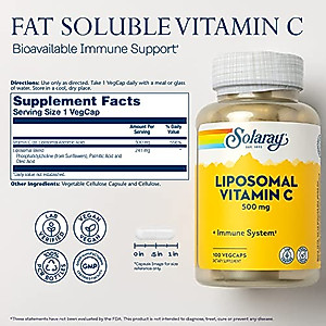 SOLARAY Liposomal Vitamin C 500mg, High Absorption Vitamin C Liposomal Blend, Healthy Immune System Function, Collagen Synthesis and Antioxidant Support, Vegan, 100 Servings, 100 VegCaps