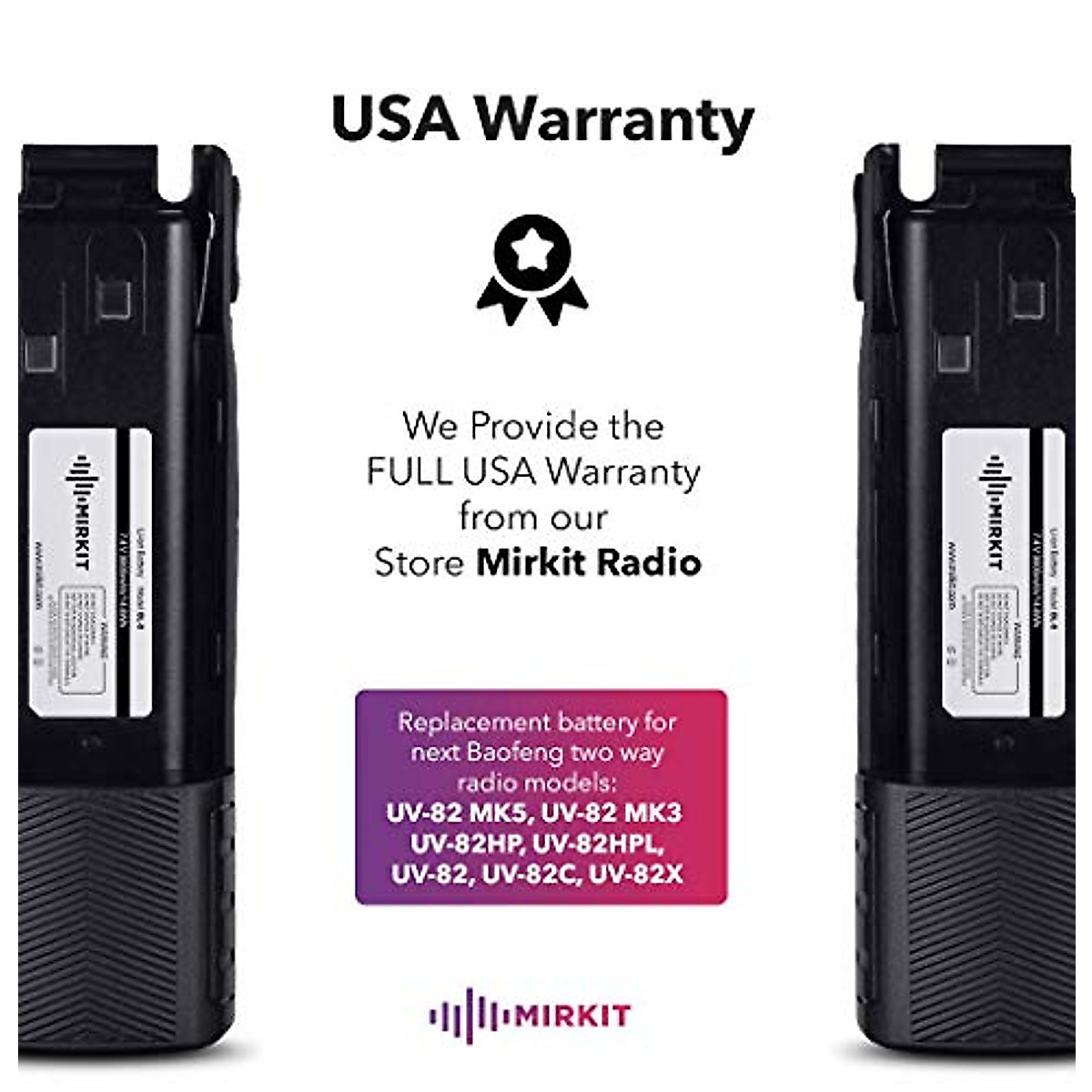 2PCs 3800 mAh Mirkit Replacement Batteries BL-8 Li ion 7.4V for Baofeng UV-82HP, UV-82HPL, UV-82, UV-82C, UV-82X, Two-Way Ham Radios, Rechargeable Extended Batteries by Mirkit Radio, USA Warranty