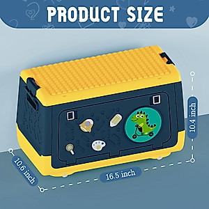 JIPORIER Toy Box Chest with Lid, Dinosaur Collapsible Storage Organizer for Kids Boys Girls, Plastic Stackable Toddler Toy Bins with Building Block Lid (Blue)