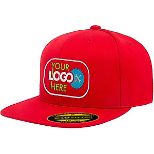 Personalized Flexfit 210 Cap. Custom Logo Hat. Embroidered. Fitted Flat Bill (Red, L/XL (7 1/4” - 7 5/8”))