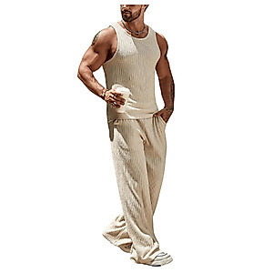 GORGLITTER Men's 2 Piece Rib Knit Outfits Casual Sleeveless Tank Top Elastic Waist Pants Set Apricot Medium