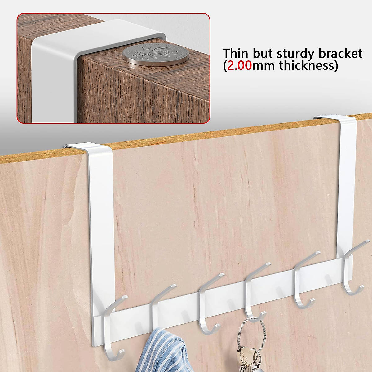 YUMORE Over The Door Hooks, Heavy Duty Over Door Hanger Stainless Steel for Coats Robes, Hanging Towel Rack Back of Bathroom Bedroom Door, Long Arms Easy Reach, White