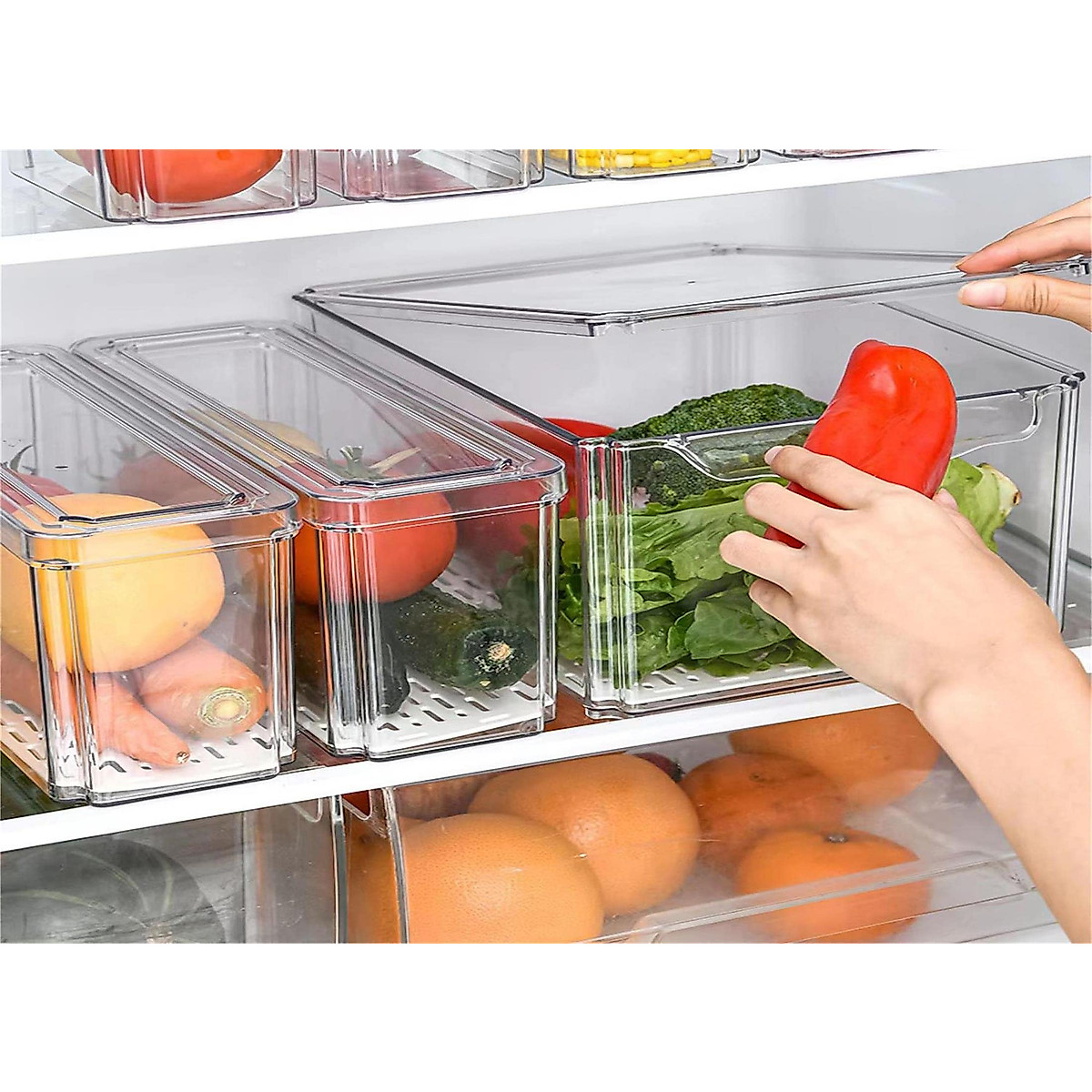 Yustuf 10-pack Clear Stackable Refrigerator Organizer Bins with 4 liners, Plastic Pantry Organization and Storage Bins with lids Vegetable Fruit Storage Containers for Fridge