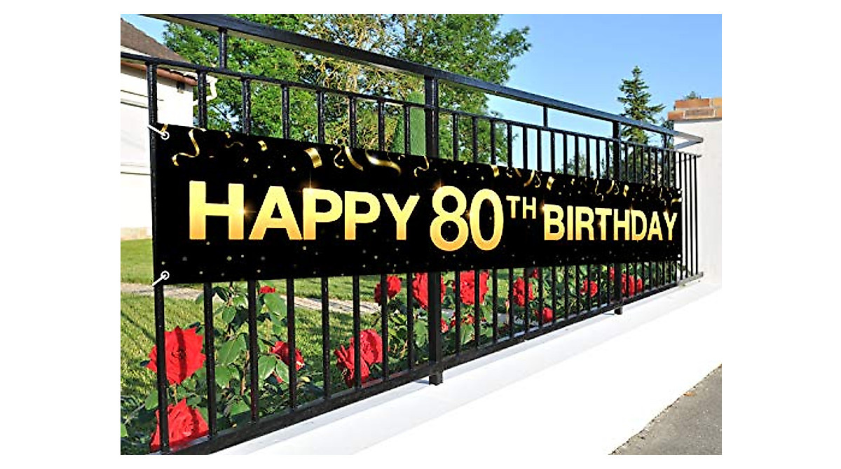 Cheers to 80 Years! Large Black Gold 80th Birthday Banner