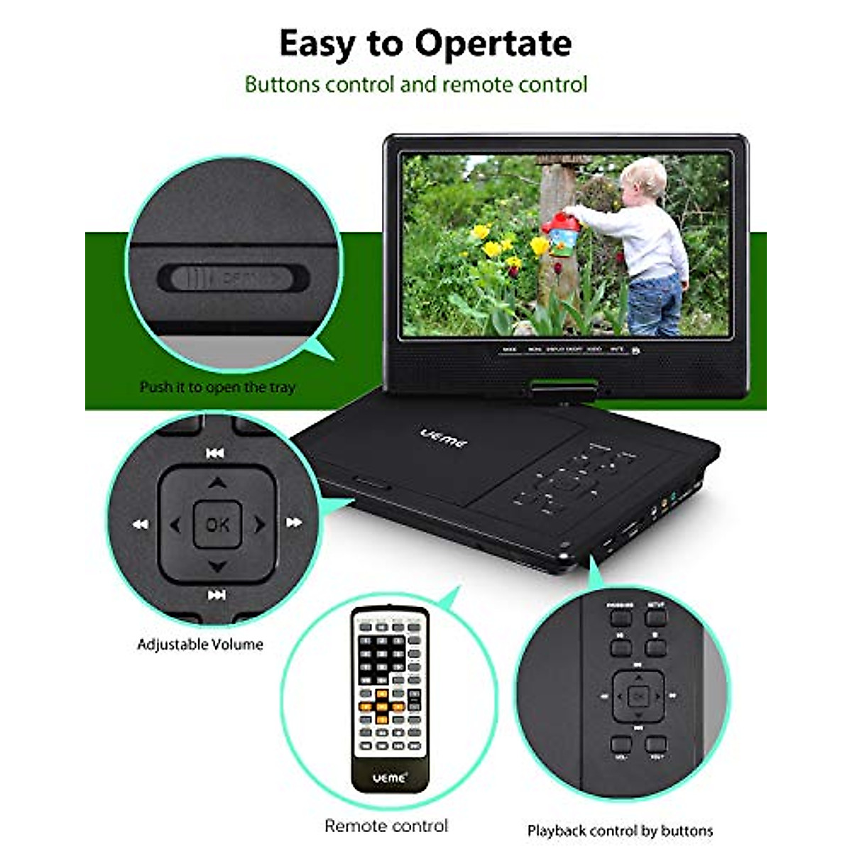 UEME Portable DVD Player for Car with 10.1" HD Swivel Display Screen, Car Charger, Support CD/DVD/SD Card/USB, Car Headrest Holder, Improved Button Design