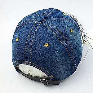Kangqifen Women Rhinestone Pattern Distressed Denim Baseball Cap Sparkle Bling Hat Adjustable Crown