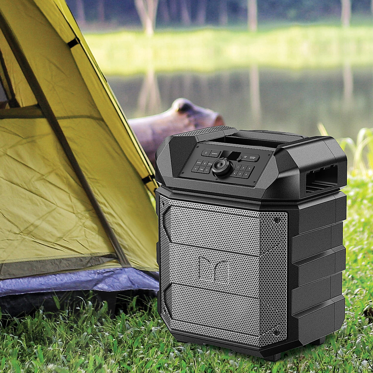 Monster Rockin’ Roller 4MAX | 100W Indoor/Outdoor Portable Bluetooth Speaker, Water Resistant | Up to 25 Hours Playtime, Karaoke Microphone, Telescoping Handle, Wheels, FM Radio, & USB Charging