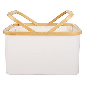 ANMINY Large Storage Basket with Natural Bamboo Handles Canvas Fabric Picnic Laundry Bin Water-Repellent Rectangular Closet Cabinet Shelf Box Foldable Decorative Nursery Clothes Toys Organizer - Beige