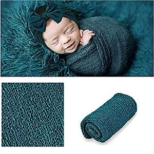 SPOKKI 4 Pcs Newborn Photography Props Outfits- Baby Dark Green Long Ripple Wrap and Toddler Swaddle Blankets Photography Mat with Cute Headbands for Infant Boys Girls(0-12 Months)