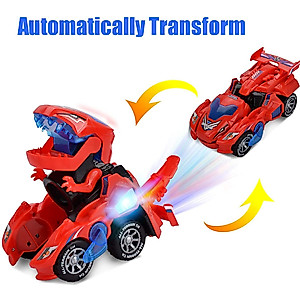 INLAIER Transforming Dinosaur Toys, 2 in 1 Automatic Transforming Dinosaur Car with LED Light and Music Transform Dino Car for Kids Christmas Birthday Gifts (Red)