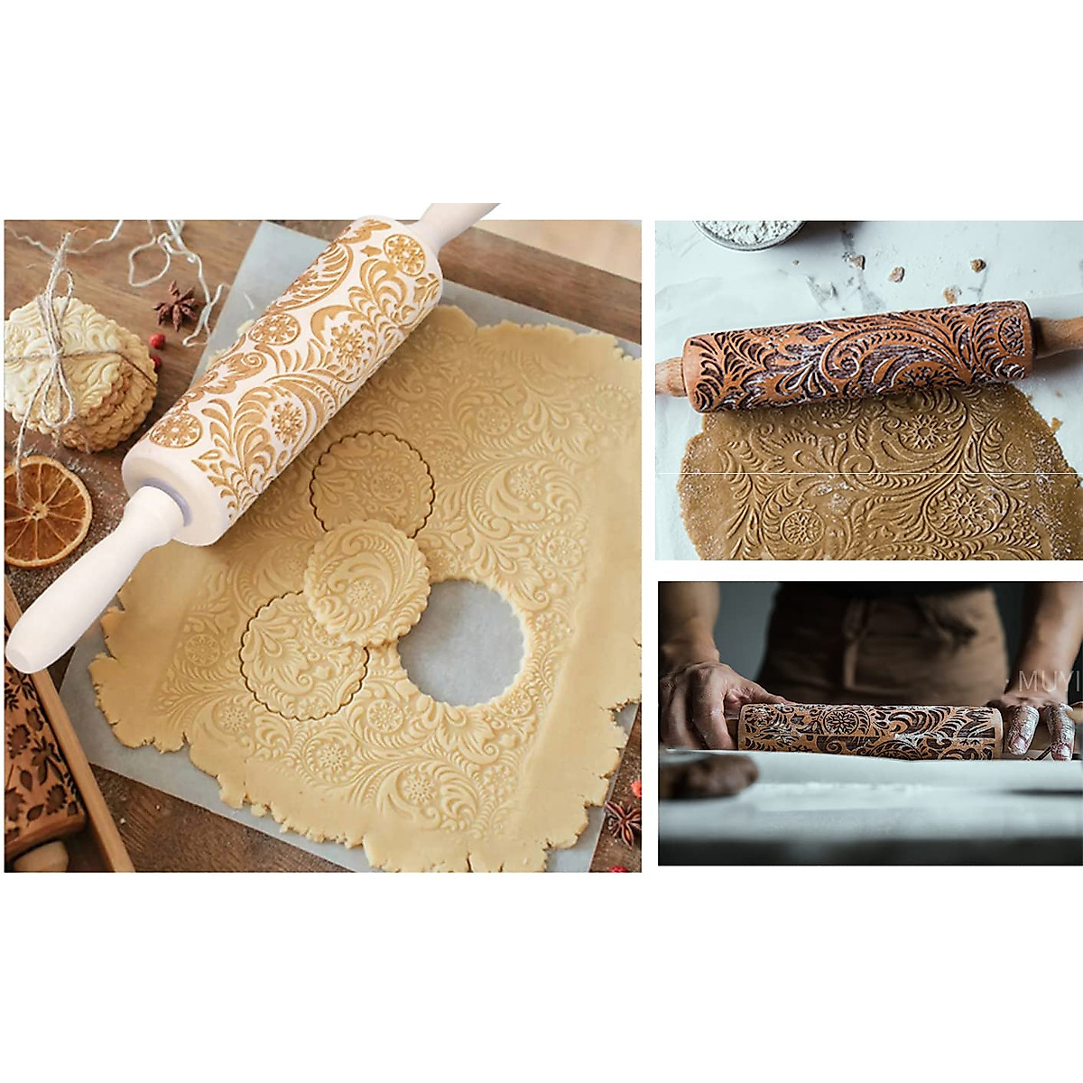 Wooden Embossing Rolling Pins with Designs for Baking, Engraved Rolling Pin with Pattern, Fondant Roller Snowflakes Christmas 3D