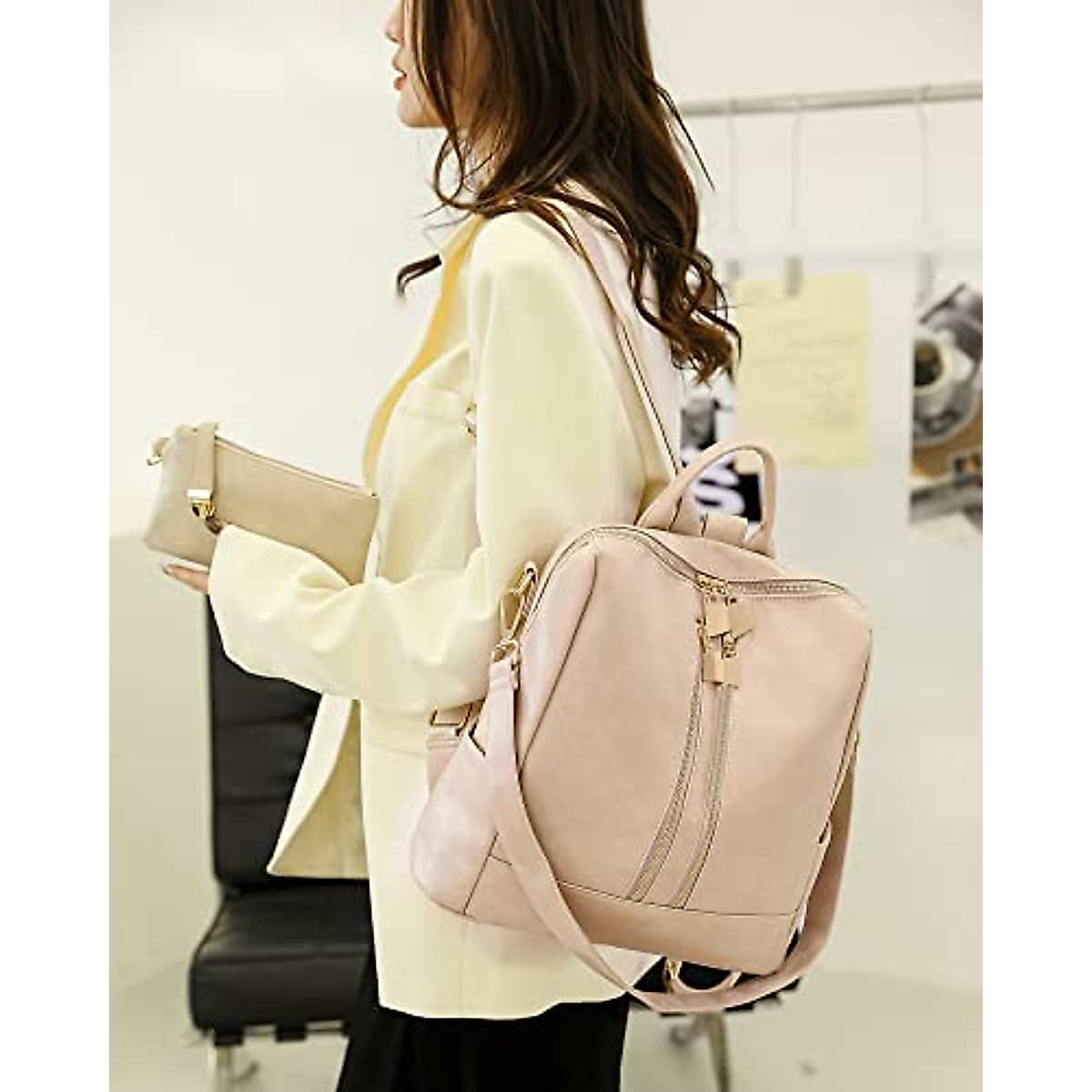 Women Fashion Backpack Purse,Leather Multipurpose Design Rucksack,Convertible Shoulder Bag Handbag with Wristlet (Beige1)