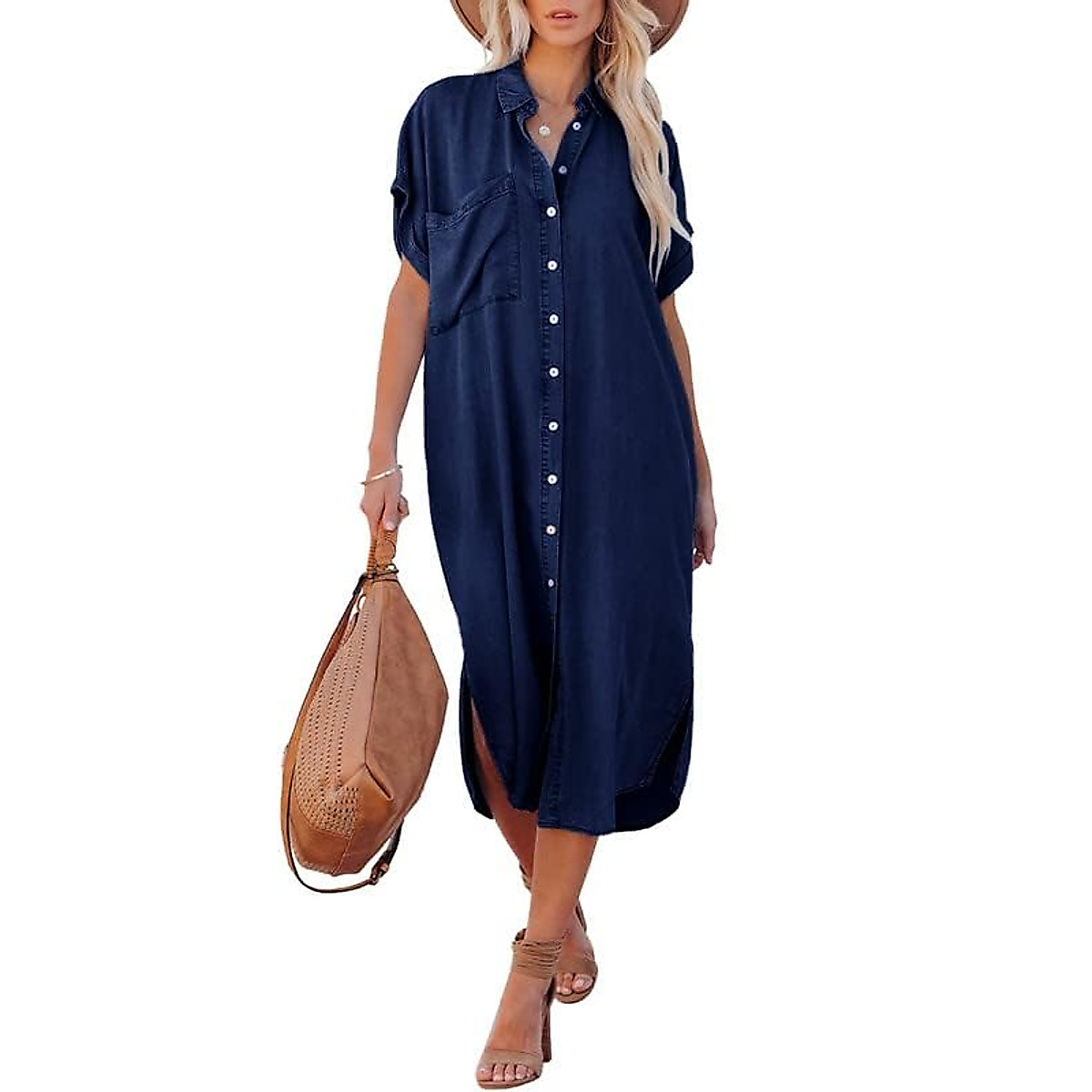 Dokotoo Midi Denim Dress for Women 2024 Button-Down Side Slit Pockets Short Sleeve Solid Color Fashion Spring Summer Dresses Blue X-Large