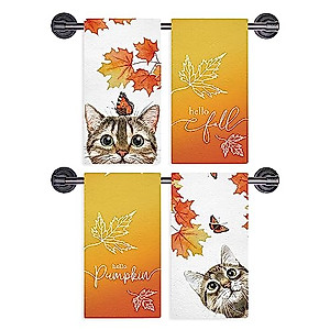 GAGEC Fall Kitchen Towels Maple Leaf Cat Fall Dish Towels Set of 4, Hello Pumpkin Holiday Tea Towel 18 x 26 Inch Hand Drying Cloth Towel for Kitchen Home Decoration