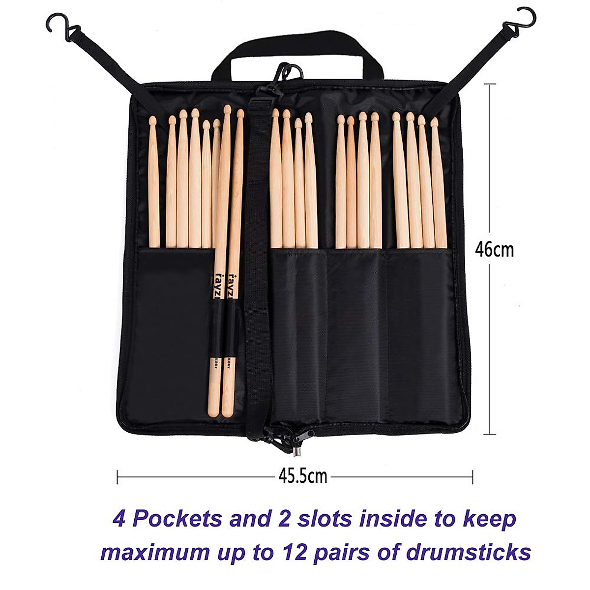 Rayzm Drum Stick Bag with an External Pocket, Standard Nylon Stick Bag with a Carry Handle and Floor Tom Hooks, Inside 4 Slots Holds up to 12 Pairs of Drumsticks,Water Resistant Nylon