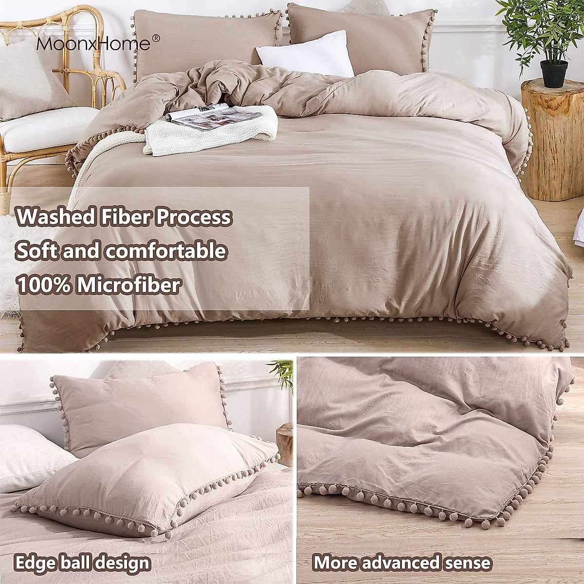 MoonxHome Duvet Cover Set Queen Size Boho Aesthetic Comforter Cover Bed Set Ball Pom Poms Fringe Luxury 100% Super Soft Microfiber 3 Piece Duvet Cover Set Includes 2 Pillow Shams Tawny
