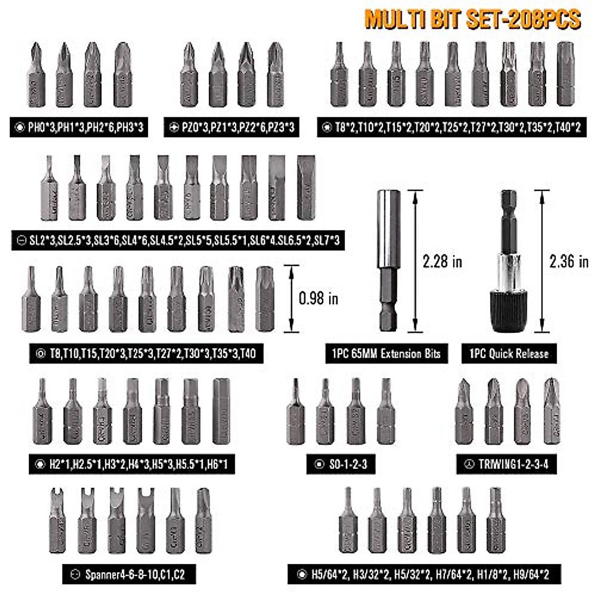 208 Piece Screwdriver Bit Set Security Bit Chrome Vanadium Steel Professional Ended Screw Tools Box by WULFPOWERPRO