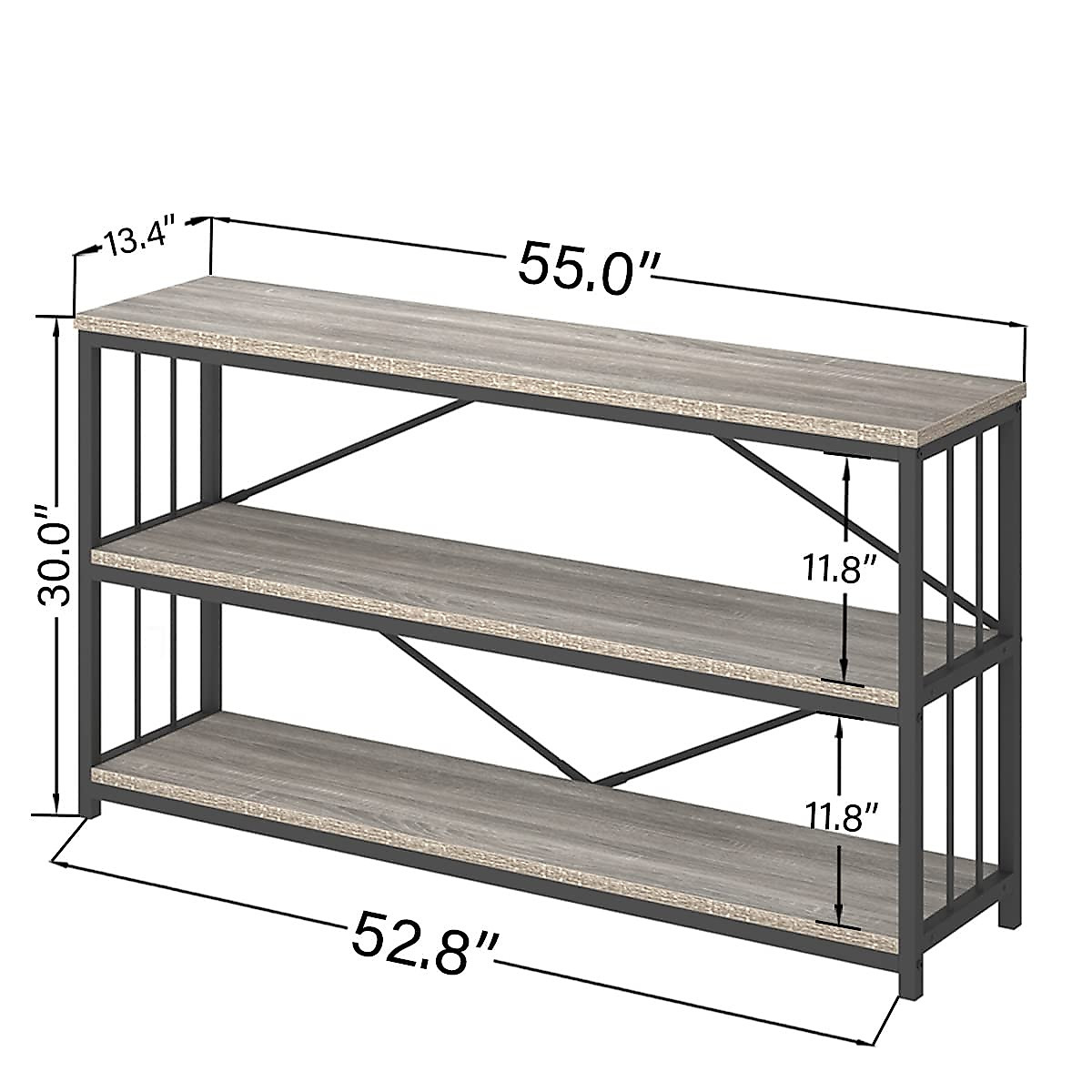 LVB Farmhouse Industrial Console Table, Wood Metal Foyer Entryway Sofa Tables with Storage, 3 Tier Long Rustic Entry Table TV Stand with Shelves for Home Living Room Hallway, Light Grey Oak, 55 Inch