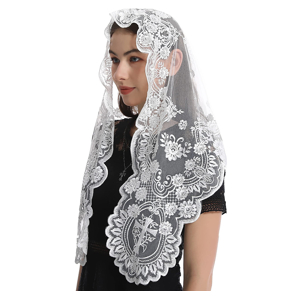 Bozidol Church Triangular Head covering - Cross Chalice Embroidered Vintage Church Veil for Women