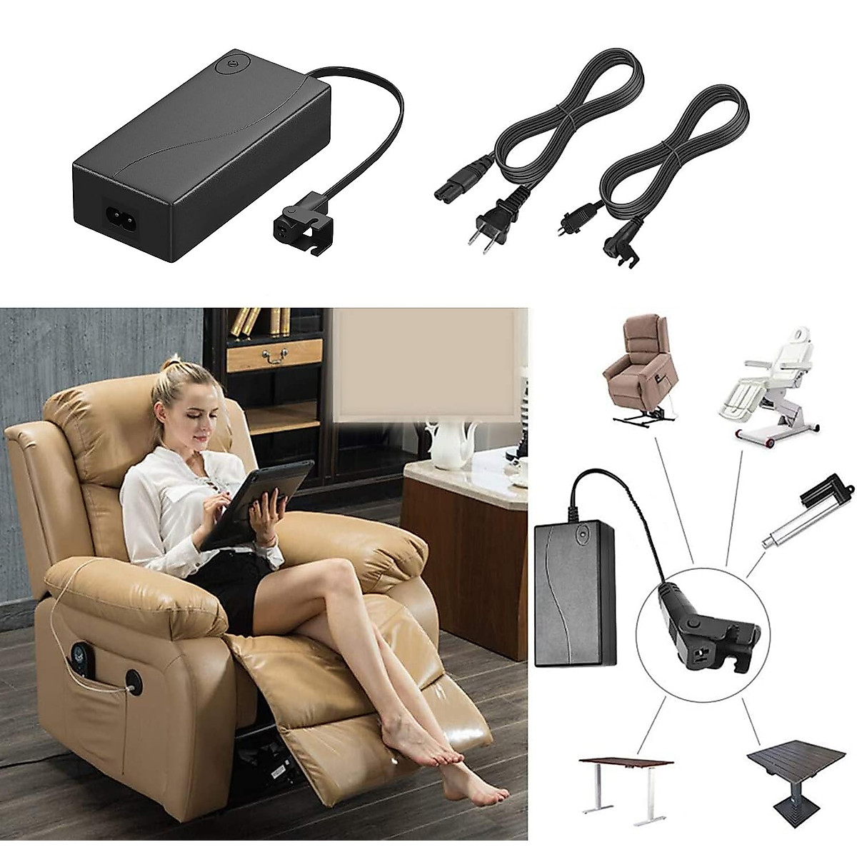 YL Electric Sofa Recliner Transformer Charger or Lift Chair Power Adapter 29V 2A for Okin,Limoss,Pride,Golden,Lazboy,Berkline,Med-Lift + AC Power Cable + Motor Cable