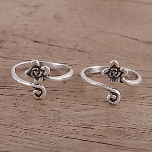 NOVICA Artisan Handmade Sterling Silver Toe Rings Flower Motif Pair No Stone India Floral [ 2 mm W] ' Flower and Swirl' Pair