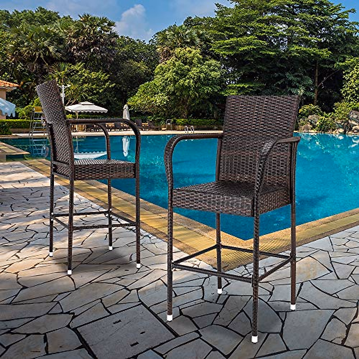 JOYBASE Outdoor Bar Stools Set of 2, Patio Stools, Tall Patio Chairs, Wicker Rattan Outside Barstool with Back and Armrest (Brown)