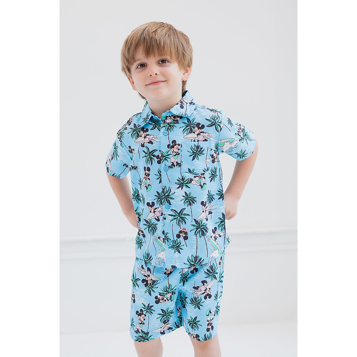 Disney Mickey Mouse Big Boys Hawaiian Button Down Shirt and Shorts Blue 14-16
