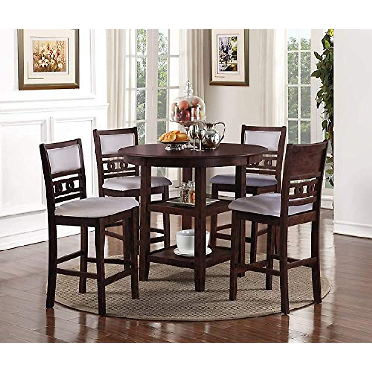 New Classic Furniture Gia 5-Piece Round Counter Height Dining Set with 1 Dining Table and 4 Chairs, 42-Inch, Cherry