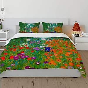 RIVINE Country Style Duvet Cover Set 3 Pieces Gustav Klimt Flower Garden Colorful Plant Microfiber for Bedding Set with 2 Pillow Shams Queen