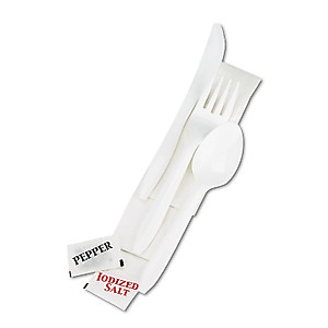 Boardwalk 6KITMW Cutlery Kit, Plastic Fork/Spoon/Knife/Salt/Pepper/Napkin, White (Case of 250)