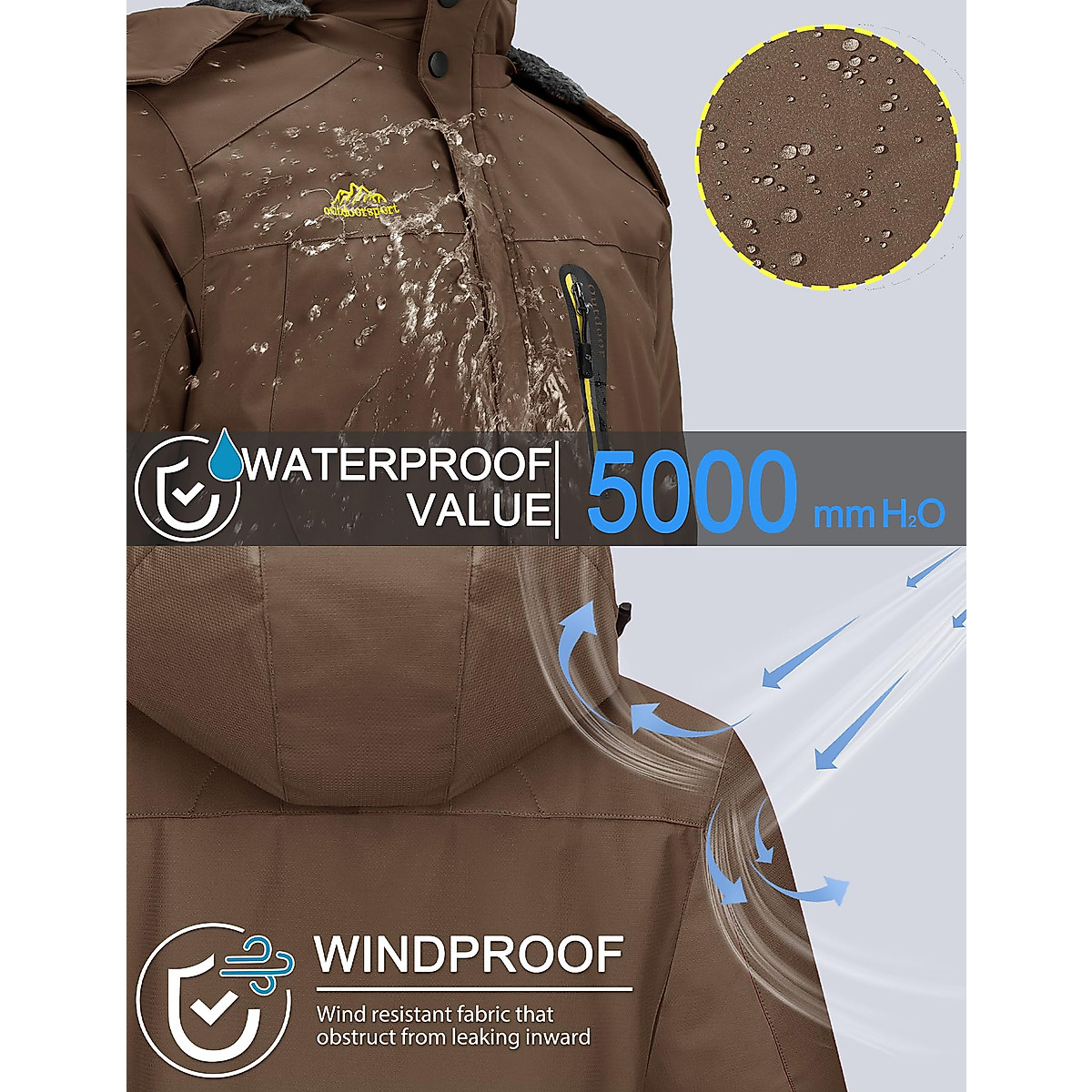 TACVASEN Winter Coats for Men Fleece Jacket Men Ski Jacket Windproof Snowboard Jacket Men Warm Softshell Jacket Brown 2XL