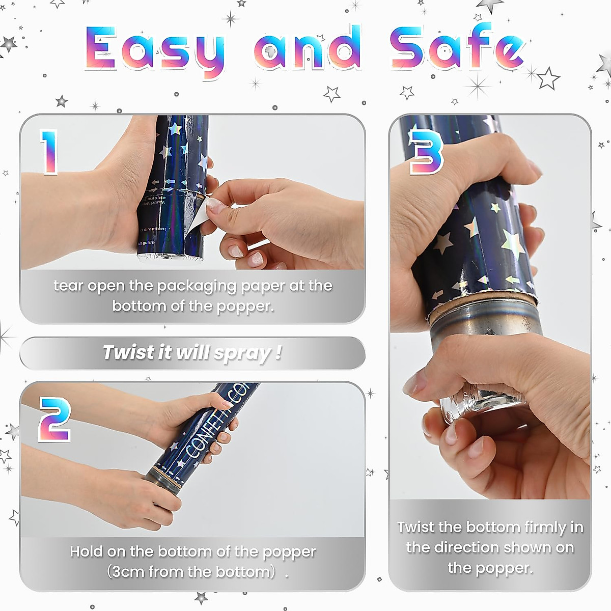 Confetti Cannon Sliver 12Pack Confetti Poppers 12Inch Confetti Party Poppers with Silver Star Confetti Bulk Streamer Blaster Shooter for New Year Christmas Birthdays,Weddings,Graduation Decorations