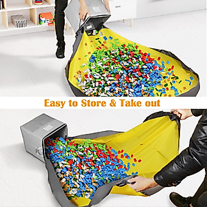 Toy Storage Basket and Play Mat-13"x13"x13" Toy Organizers Cube with Extra Mesh Pocket Storage & Label Holder, Toy Storage Bins Kids for Building Bricks/Blocks, Toy Box Playroom for Boys Girls (Grey)