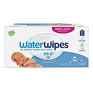 WaterWipes Plastic-Free Original Baby Wipes, 99.9% Water Based Wipes, Unscented & Hypoallergenic for Sensitive Skin, 540 Count (9 packs), Packaging May Vary