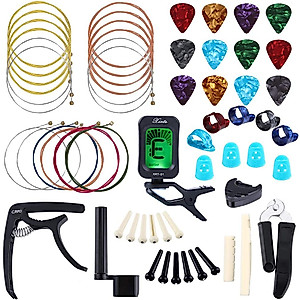 Auihiay 58 PCS Guitar Accessories Kit Including Guitar Strings, Picks, Capo, Thumb Finger Picks, String Winder, Bridge Pins, Pin Puller, Pick Holder, Finger Protect