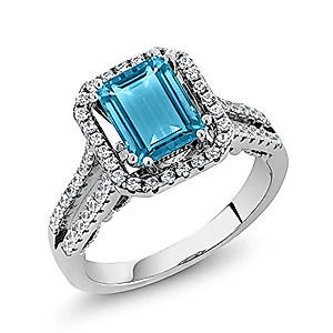 Gem Stone King 2.78 Cttw 925 Sterling Silver Swiss Blue Topaz Engagement Ring For Women | Gemstone Birthstone | Emerald Cut 9X7MM | Available In Size 5,6,7,8,9