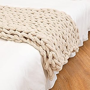PRELGOSP Chunky Knit Blanket, Handmade Giant Knitted Blanket, Soft Thick Warm Knit Blanket Throw for Bed Chair Couch Sofa, Yoga Mat Rug Home Decor Gift, Machine Washable,Beige,40x60cm