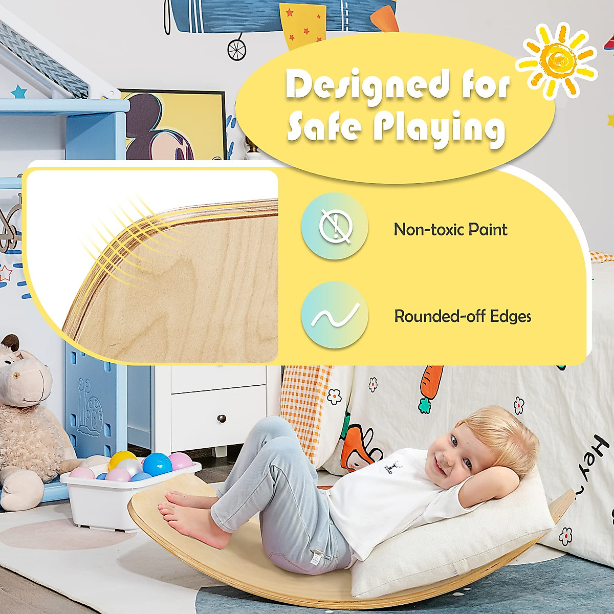 Goplus Wobble Board, 35Inch Wooden Balance Board for Kids & Adults Support 660LBS, Toddler Open-Ended Learning Toy Yoga Curvy Rocker Board for Balance Training, Home Exercise (15.5 INCH Width)