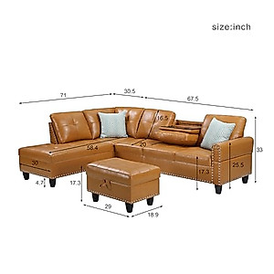 ERYE 3 PCS Sectional Sofa with R Chaise, L-Shaped 5 Seaters Comfy PU Upholstered Corner Sofa & Couch W/2 Cup Holders and Storage Ottoman for Home Apartment Office Living Room Furniture