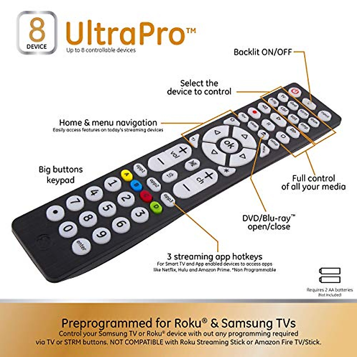 GE Backlit Buttons Universal Remote Control, Samsung TV Remote Control Replacement, Samsung Remote Control for Smart TV, Roku Remote Replacement, Vizio, LG TV, Sony, Apple TV, 8-Device, Black, 37123