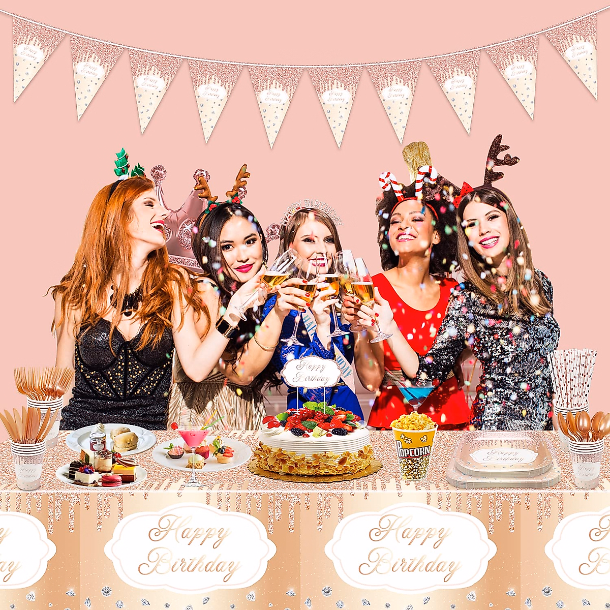 Rose Gold Party Supplies, Rose Gold Birthday Party Decorations for Girls, Women, Includes Dinner Plate, Dessert Plates,Tableware, Rose Gold Tablecloth, Cups, Table Napkins, Flag, Serves 20 Guests