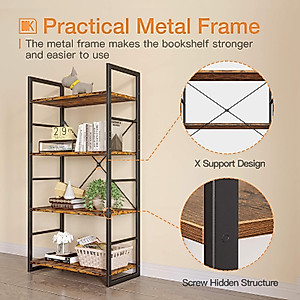 ODK Bookshelf, 4 Tier Shelf Storage Organizer, Modern Book Shelf with Metal Frame for Bedroom, Living Room and Home Office, Rustic Brown