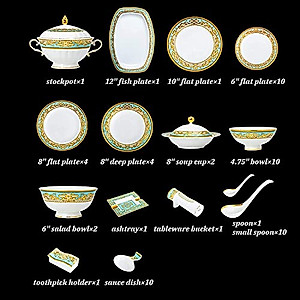 Porcelain Plate and Bowl Set,Dinnerware Set for Home or Special Restaurant, Ceramics Dinner Set, 59 Pieces High-Grade Phnom Penh Porcelain Dinnerware Sets | Soup Pot/Plate/Bowl - Bone China Combinati