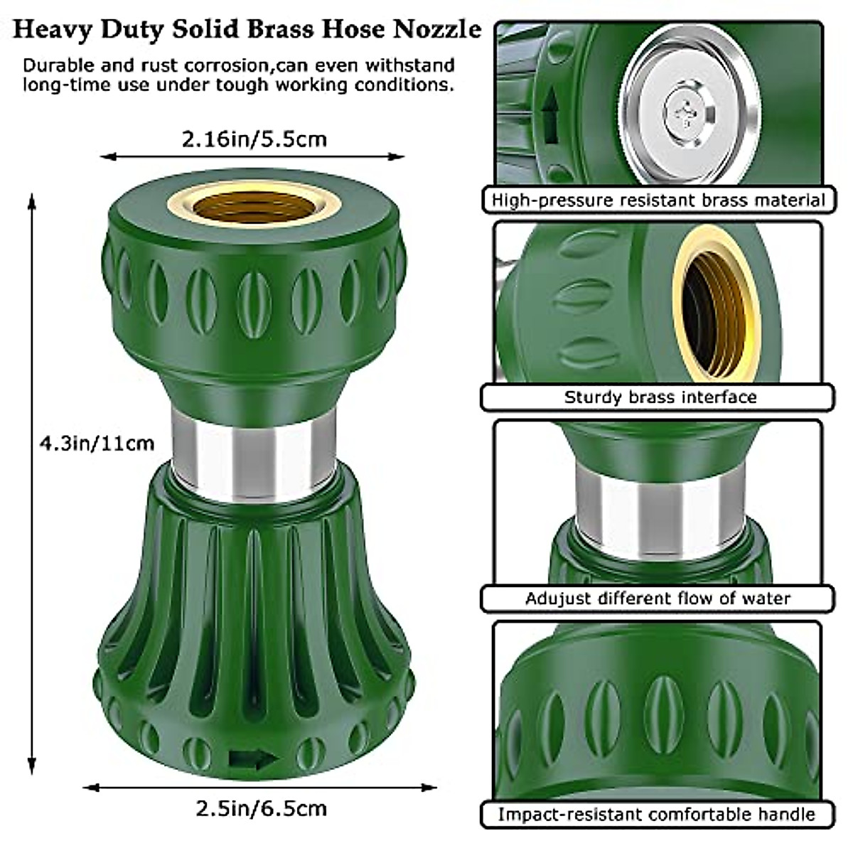 HOSUN Garden Hose Nozzle, Fireman Style Hose Nozzle, Heavy Duty Brass Hose Nozzle, Leak Proof & Best High-Pressure Sprayer for Plants Watering, Car Washing, Pet Washing, etc. (Green)