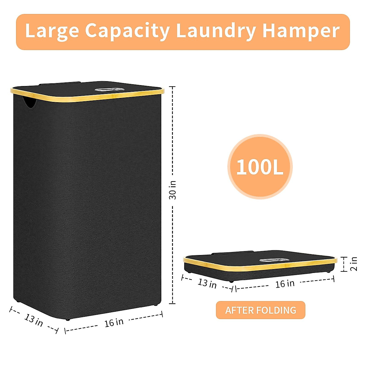 Laundry Hamper with Wheels, 100L Large Laundry Basket with Lid, Rolling Laundry Hamper with Removable Bag, Collapsible Clothes hamper for Bedroom Laundry Room Dorm (Black)