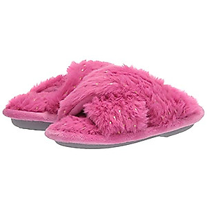 Dearfoams unisex child Jess Furry Cross Band Slide Slipper, Pink Polish, 11-12 Toddler US