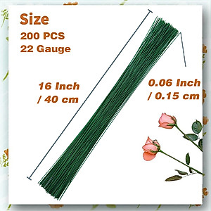 Hamiggaa 200 Pcs Floral Flower Stem Wire,16 Inch 22 Gauge Flower Paper Wrapped Wire,Green Crafting Floral Stem for Flower Arrangements DIY,Bouquent Stem Wrapping and Crafts