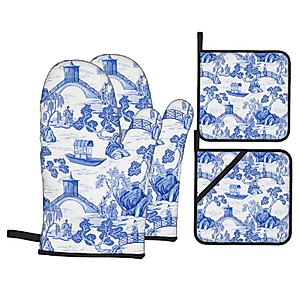 Blue Chinoiserie Pagoda White Oven Mitts and Pot Holders Set of 4, Oven Mittens and Potholders Heat Resistant Gloves for Kitchen Cooking Baking Grilling BBQ