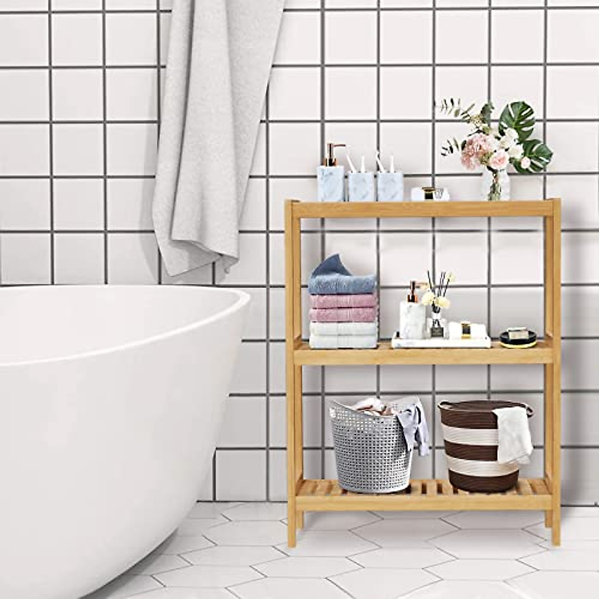 Elepude Bamboo Shelf,Stand Utility Storage Shelf Multifunctional Bathroom Kitchen Living Room Holder Plant Flower Stand (3-Tier)