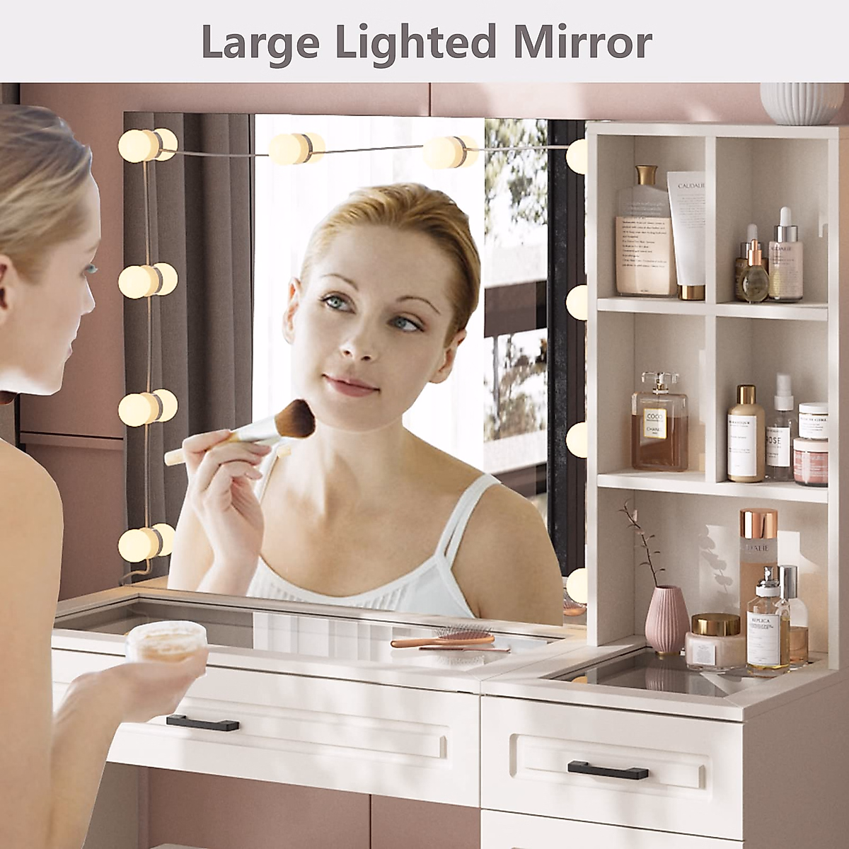 Fameill White Vanity Desk with Mirror and Lights,Glass Top Vanity Table with 3 Drawers and Cabinets,Large HD Mirror Makeup Desk,3 Lighting Modes, Brightness Adjustable,45 in(L)